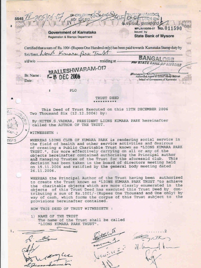Trust Deed of Lions Club Kumarapark | PDF