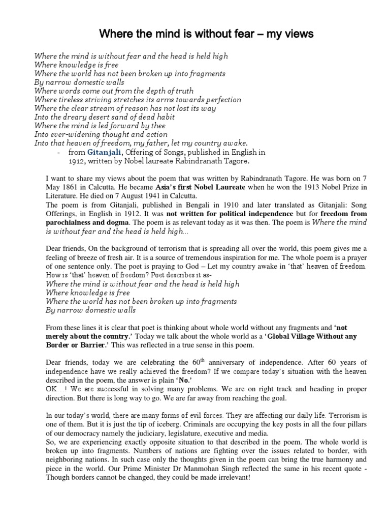 Where The Mind Is Without Fear - My Views | PDF | Rabindranath Tagore ...