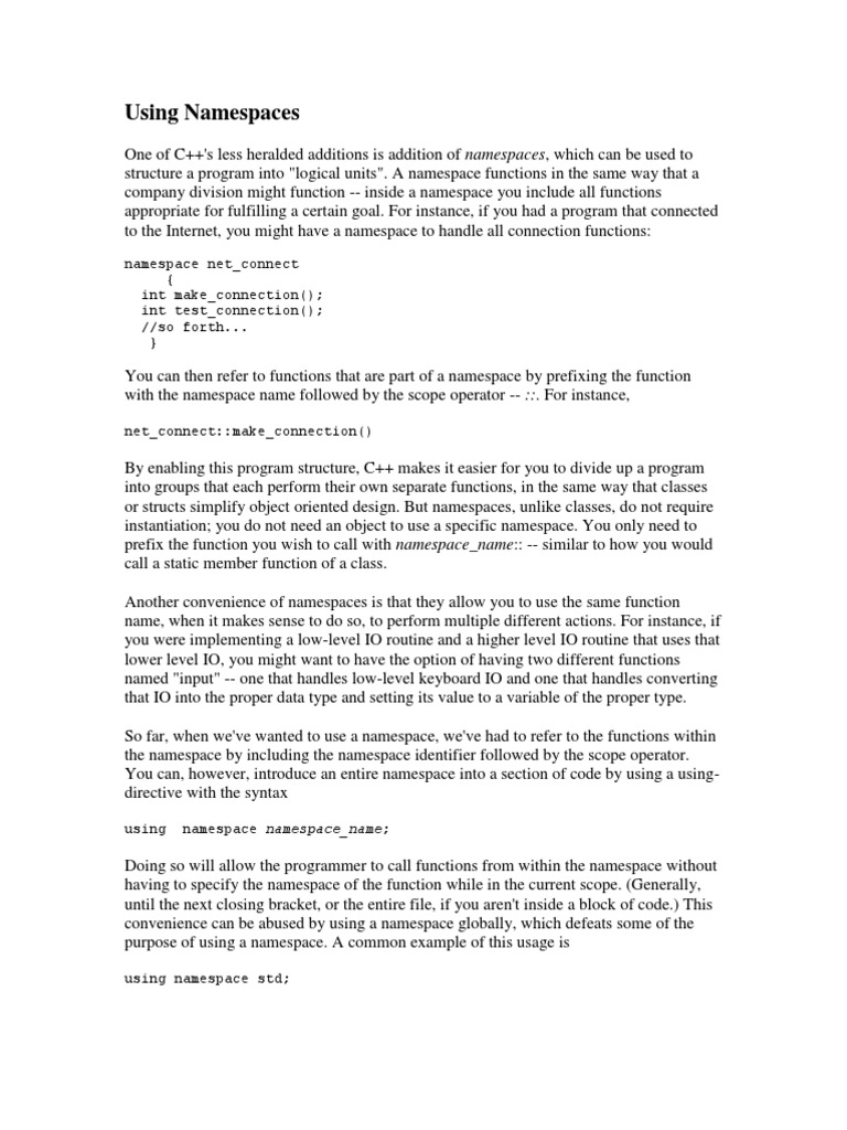 Oop Namespace Pdf Namespace Class Computer Programming
