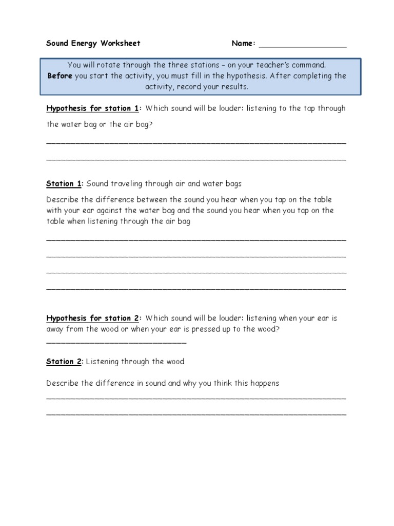 Sound Energy Experiment Worksheet | PDF