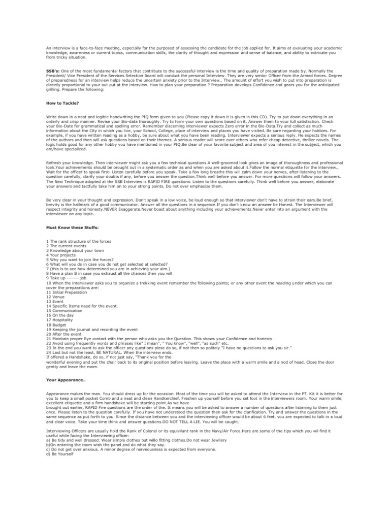 SSB Interview Questions | PDF | Leadership | Test (Assessment)