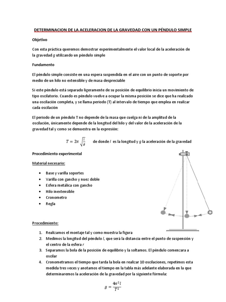 DETERMINACION DE LA ACELERACION DE LA GRAVEDAD CON UN PÉNDULO SIMPLE | Péndulo | Masa