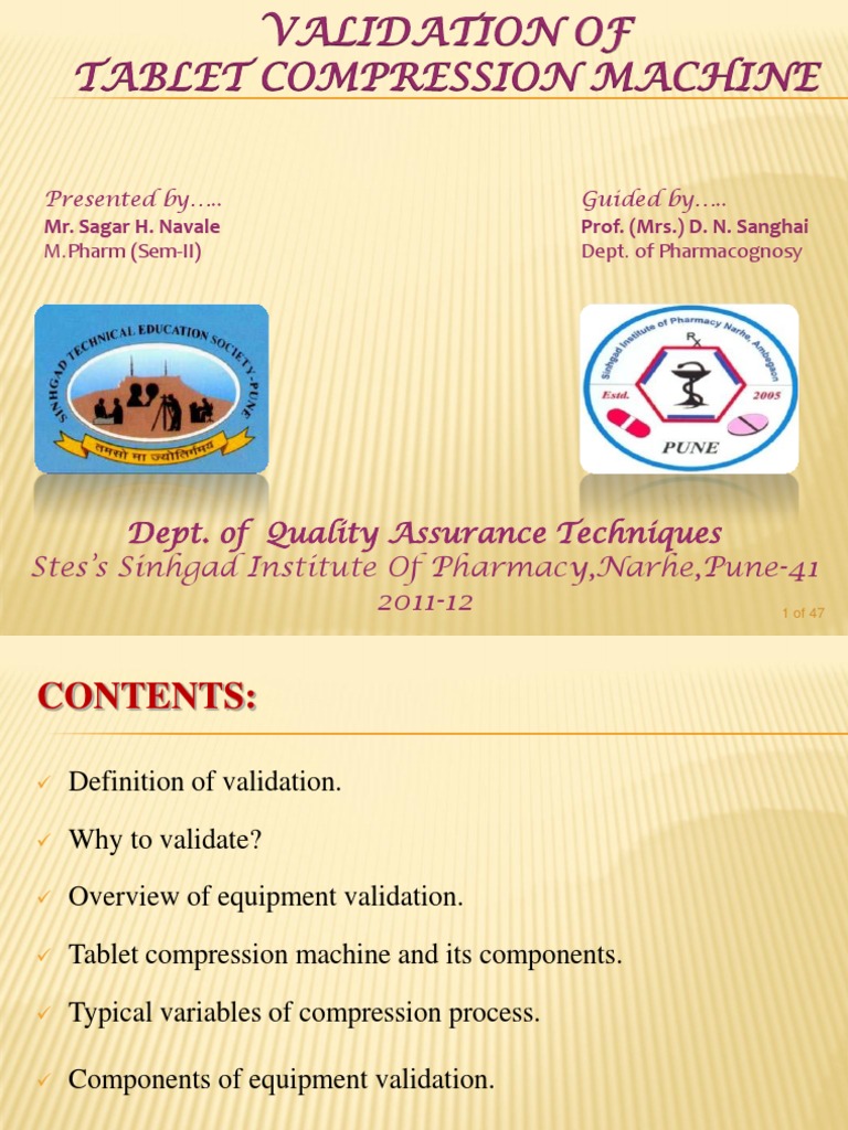 Sagar Final Validn of Tablet Compression Machine | PDF | Verification ...