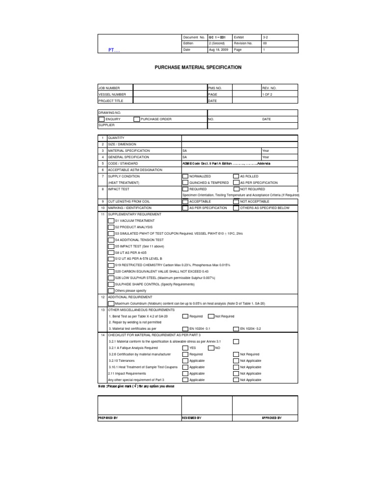 Purchase Material Specification QC 1-001 | PDF