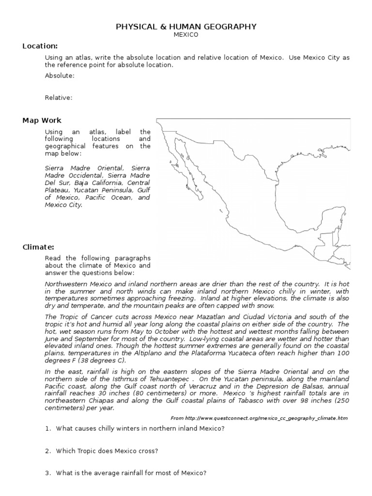 Worksheet- Physical & Human Geography of Mexico | Earth & Life Sciences ...