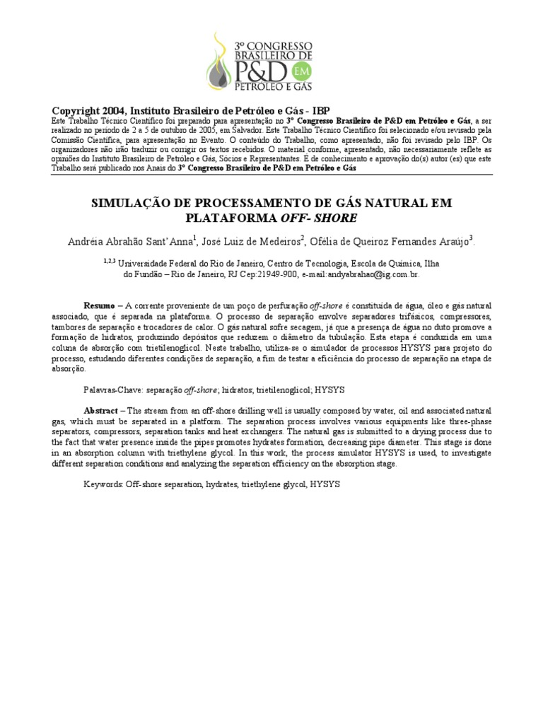 Simulacao de Processamento de Gas Natural em Plataforma Off-Shore ...