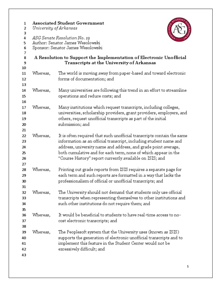 ASG Senate Resolution No. 19 - Electronic Unofficial Transcripts | PDF ...