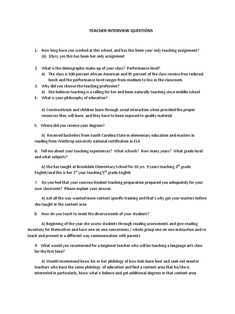 Teacher Interveiw Questions Done | PDF | Teachers | Teaching