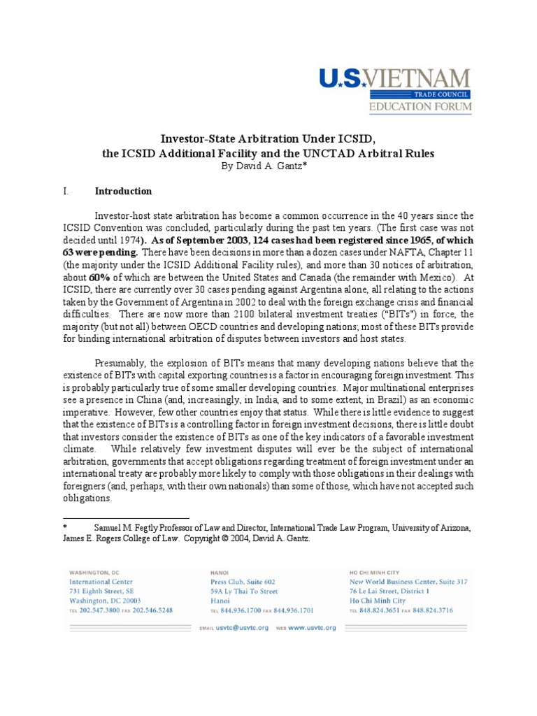 Investor-State Arbitration Under ICSID, The ICSID Additional Facility ...