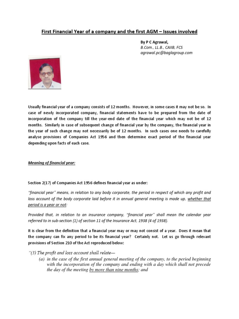 First Financial Year of A Company and The First AGM | PDF | Public Law ...