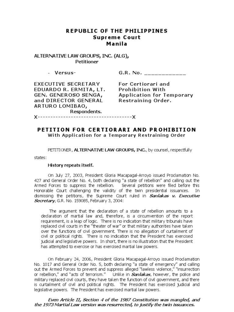 Sample Petition for Certiorari | Standing (Law) | State Of Emergency