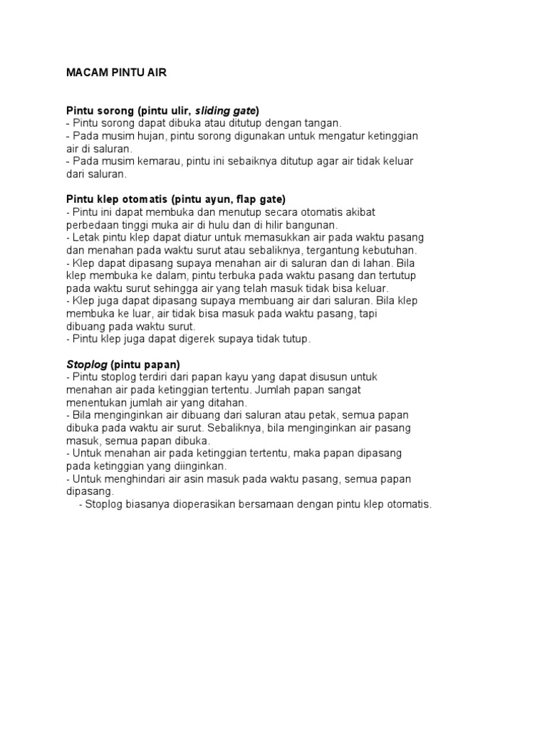 Jenis Pintu Air untuk Irigasi Pasang Surut | PDF