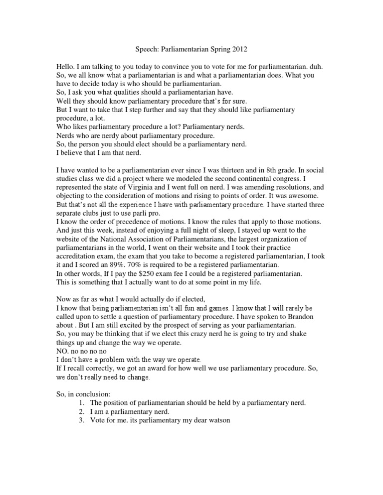 Speech - Parliamentarian Spring 2012 | PDF | Parliamentary Procedure | Parliament