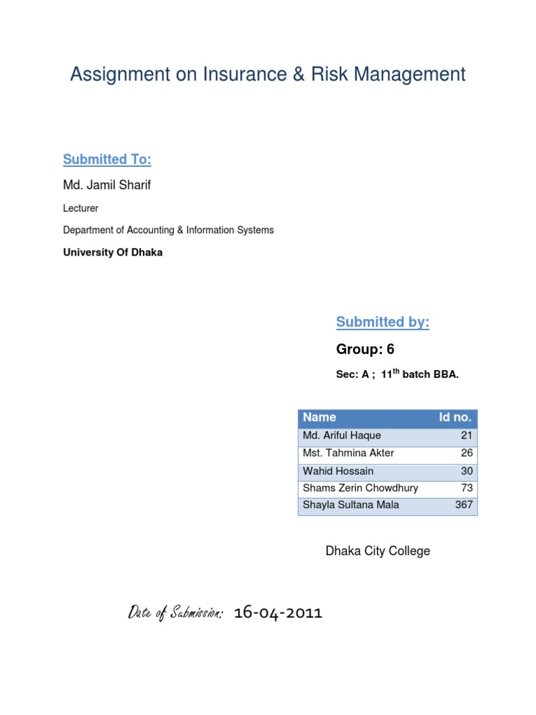 Assignment On Insurance & Risk Management: Date of Submission: 16-04 ...