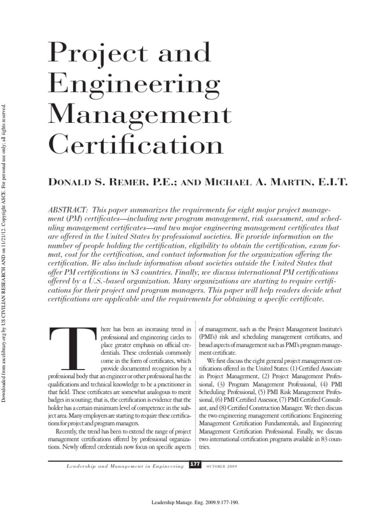 Project and Engineering Management Certification: D S. R, P.E. M A. M ...