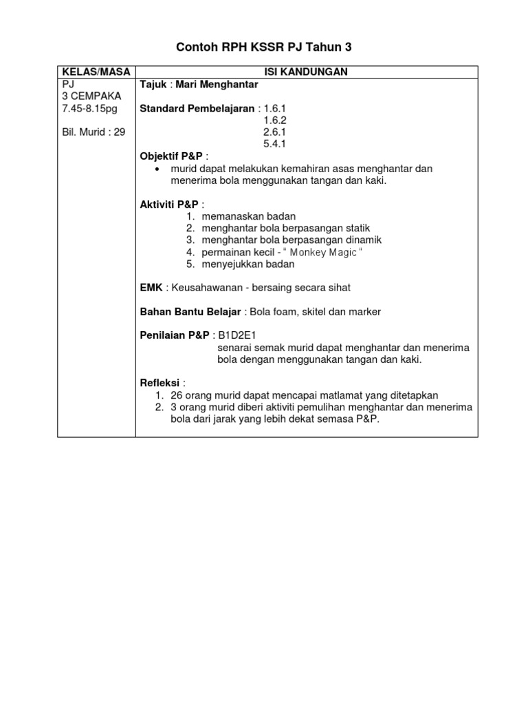 Contoh RPH KSSR PJ Tahun 3 | PDF | Karier & Perkembangan | Olahraga ...