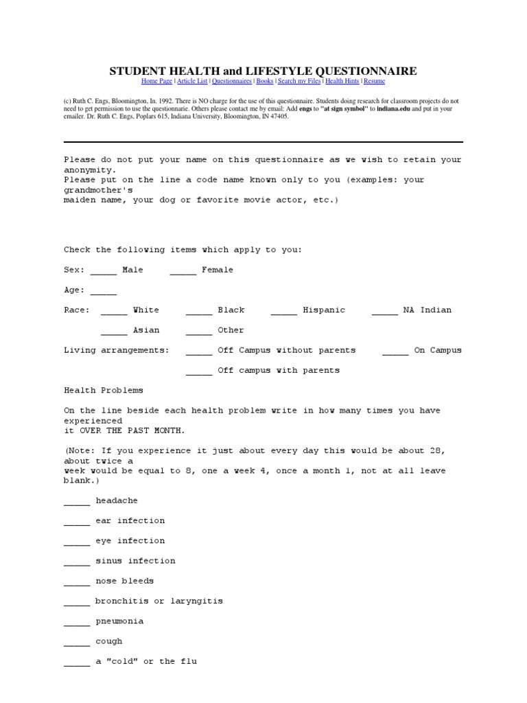Student Health and Lifestyle Questionnaire | PDF | Drink | Race And ...