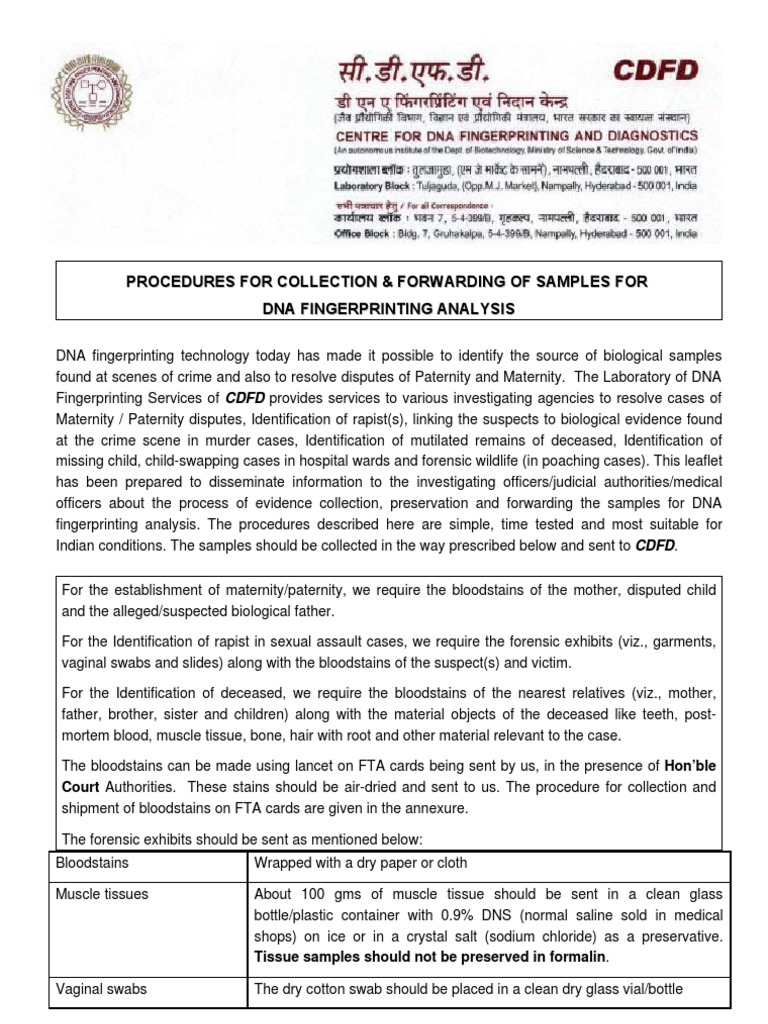 Procedures For Collection & Forwarding of Samples For Dna ...