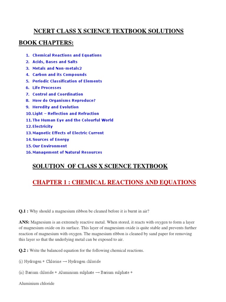 Ncert Class X Science Textbook Solutions Book Chapters:: Chapter 1 ...