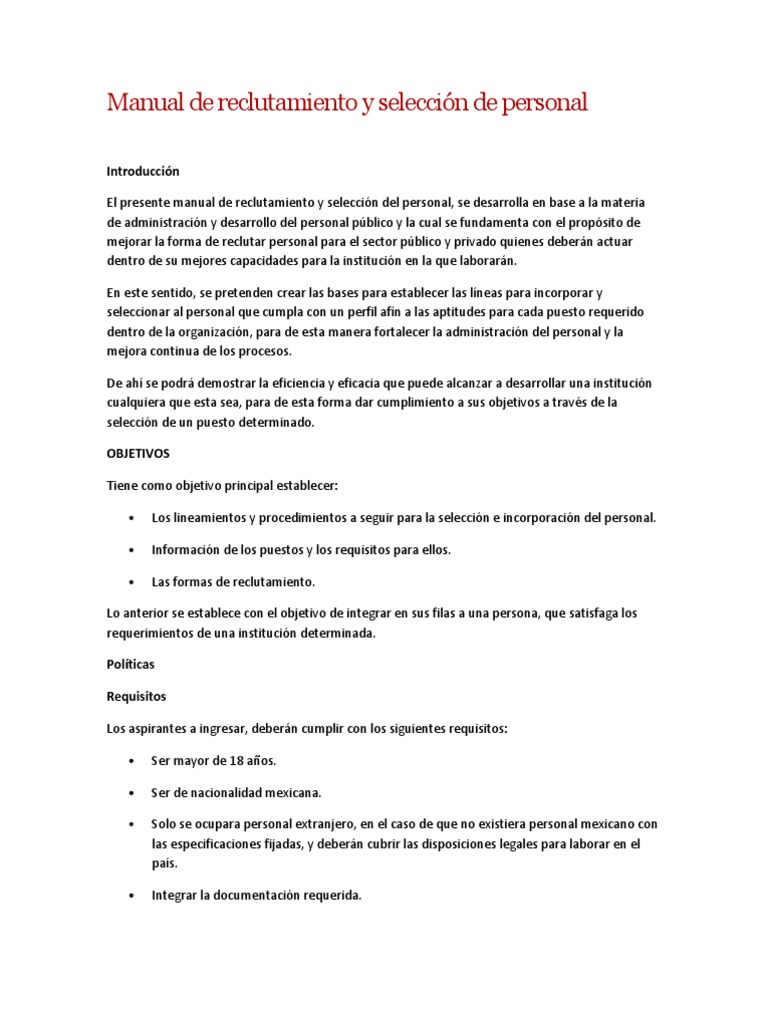 Manual de Reclutamiento y Selección de Personal | PDF | Reclutamiento | Recursos humanos