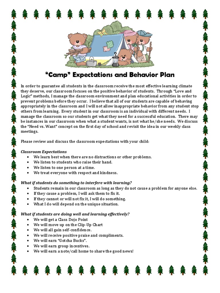 "Camp" Expectations and Behavior Plan | PDF | Homework | Classroom