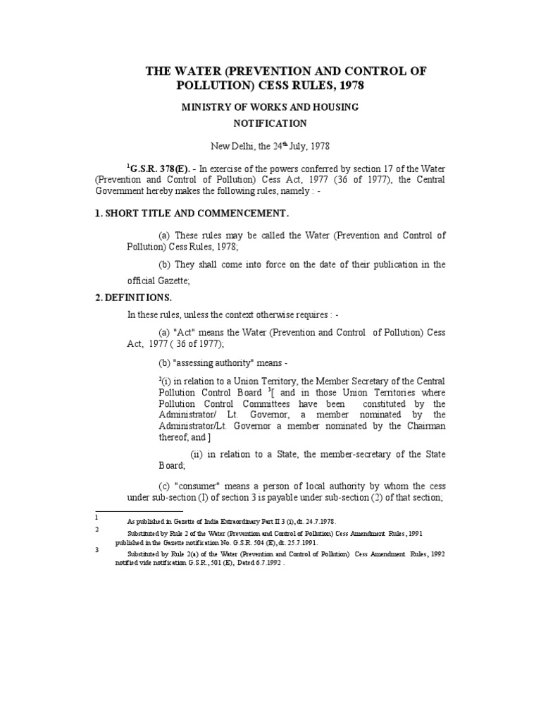 The Water (Prevention and Control of Pollution) Cess Rules, 1978: Rules ...