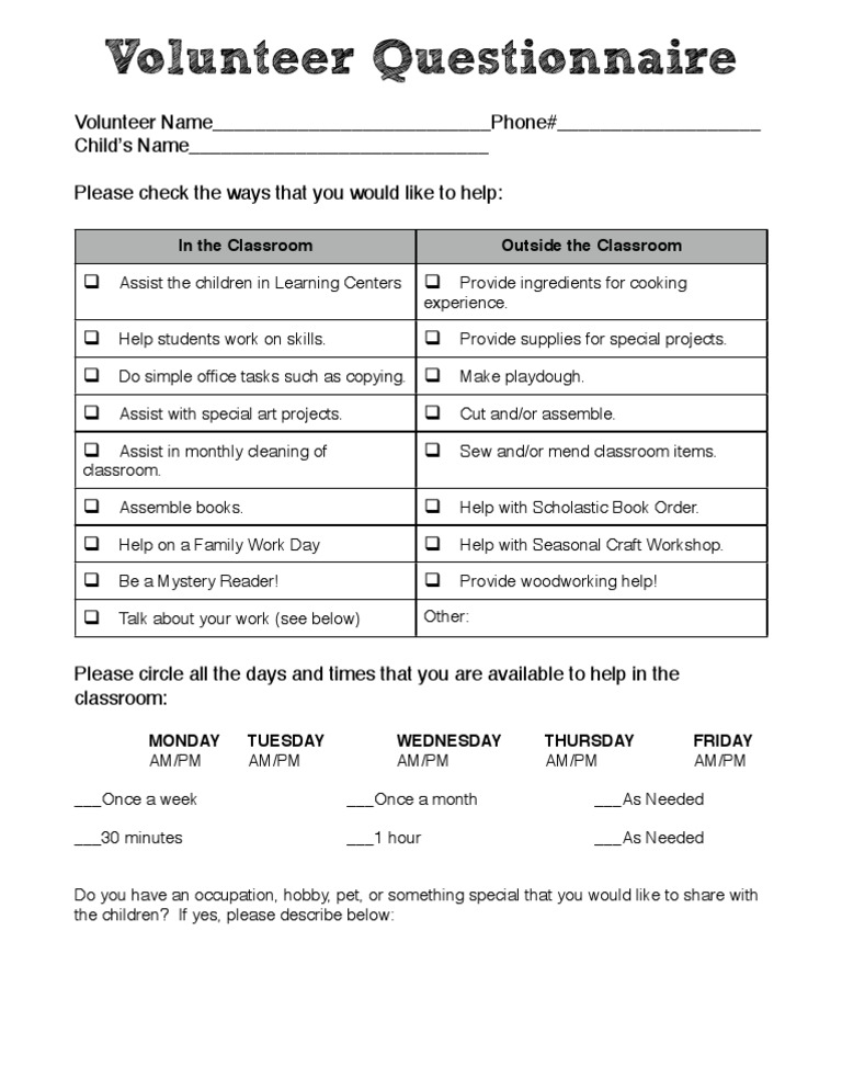 Volunteer Questionnaire | PDF