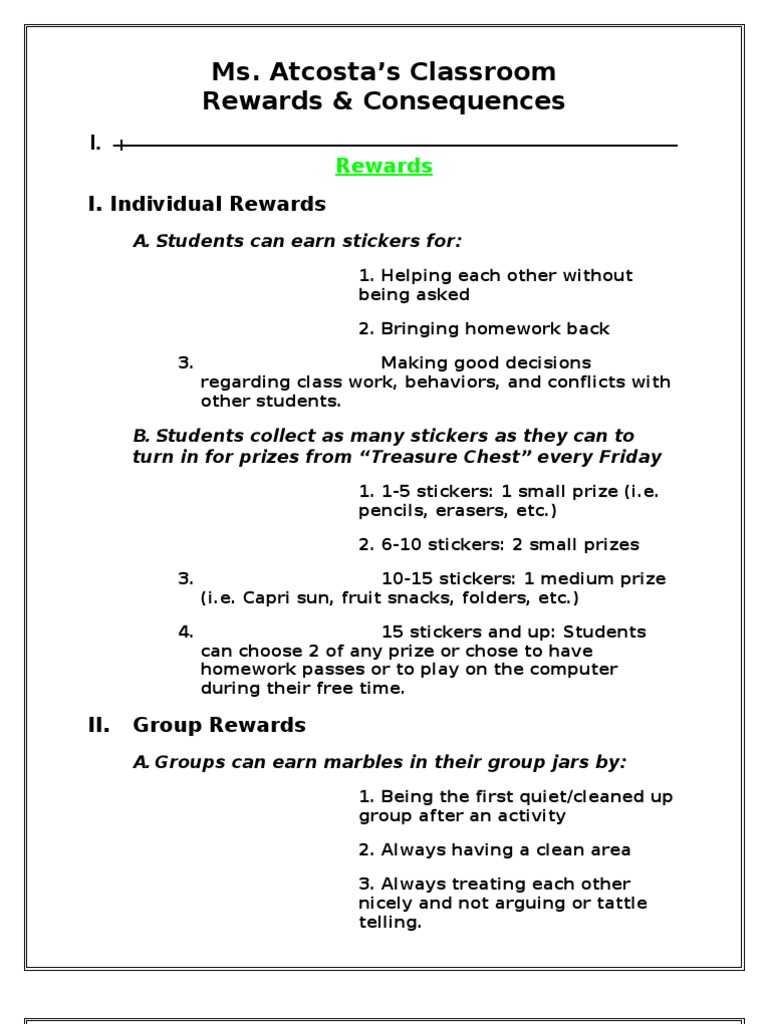 Ms. Atcosta's Classroom Rewards & Consequences: I. I. Individual ...