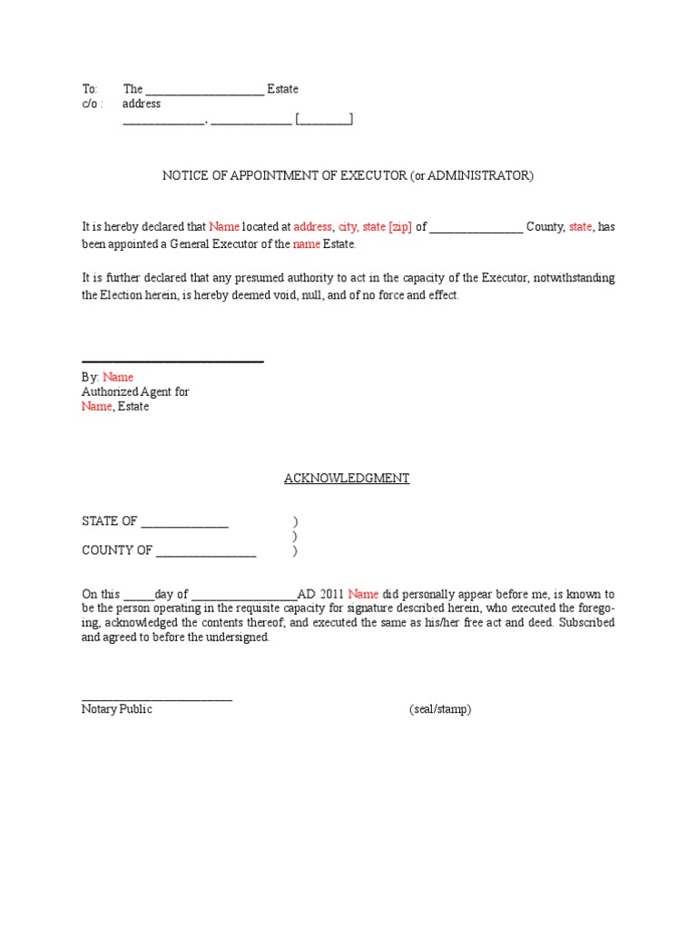 Estate Executor Appointment Notice | PDF | Deed | Mortgage Law