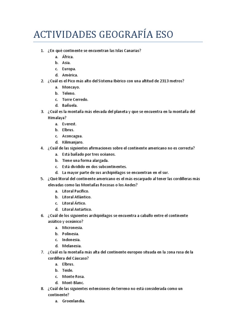ACTIVIDADES GEOGRAFÍA ESO TIPO TEST | Península Ibérica | Continente