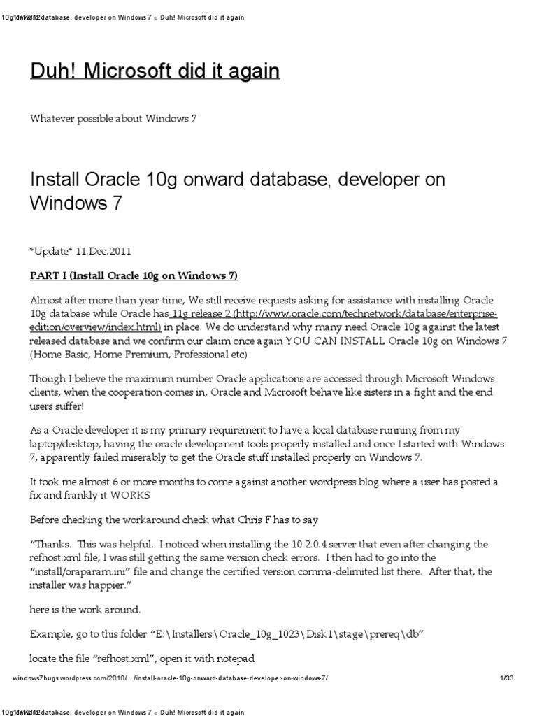 Install Oracle 10g Onward Database, Developer On Windows 7 Duh! Microsoft Did It Again | PDF ...