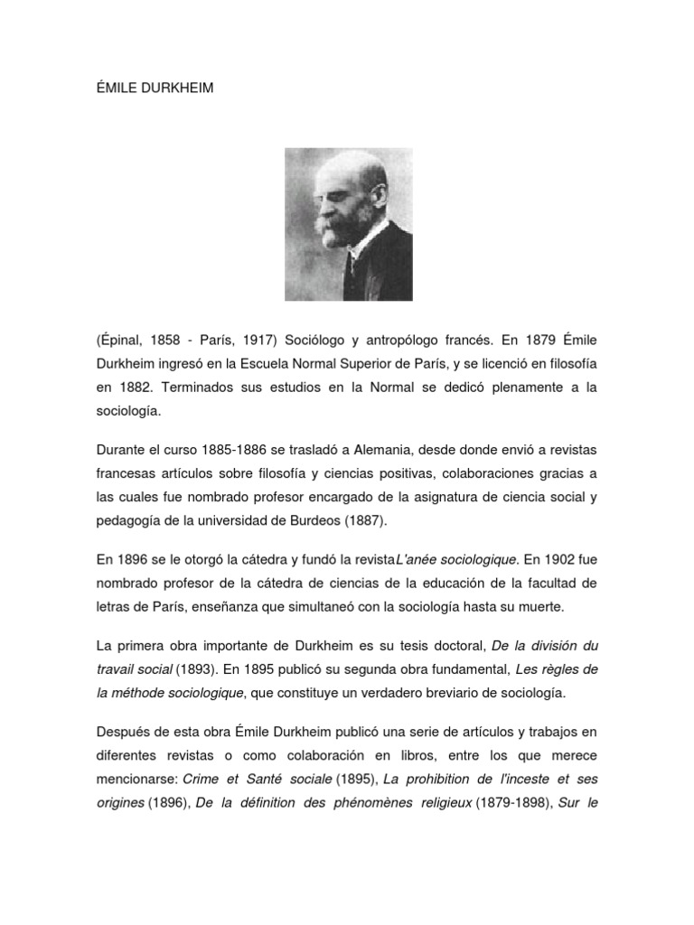 Émile Durkheim Biografia | PDF | Emile Durkheim | Sociedad