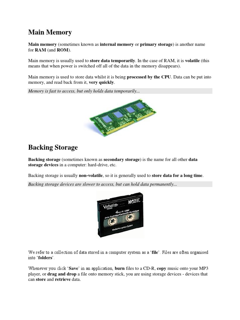 Main Memory: Main Memory (Sometimes Known As Internal Memory or Primary ...