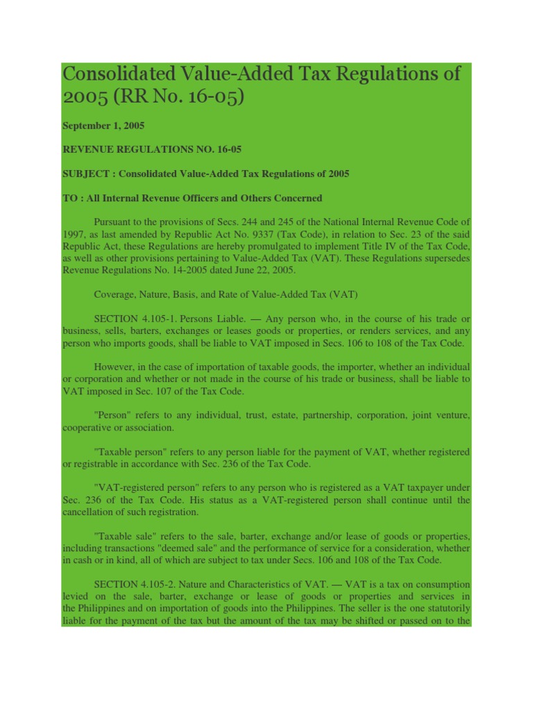 Revenue Regulation No. 16-05 | PDF | Value Added Tax | Lease