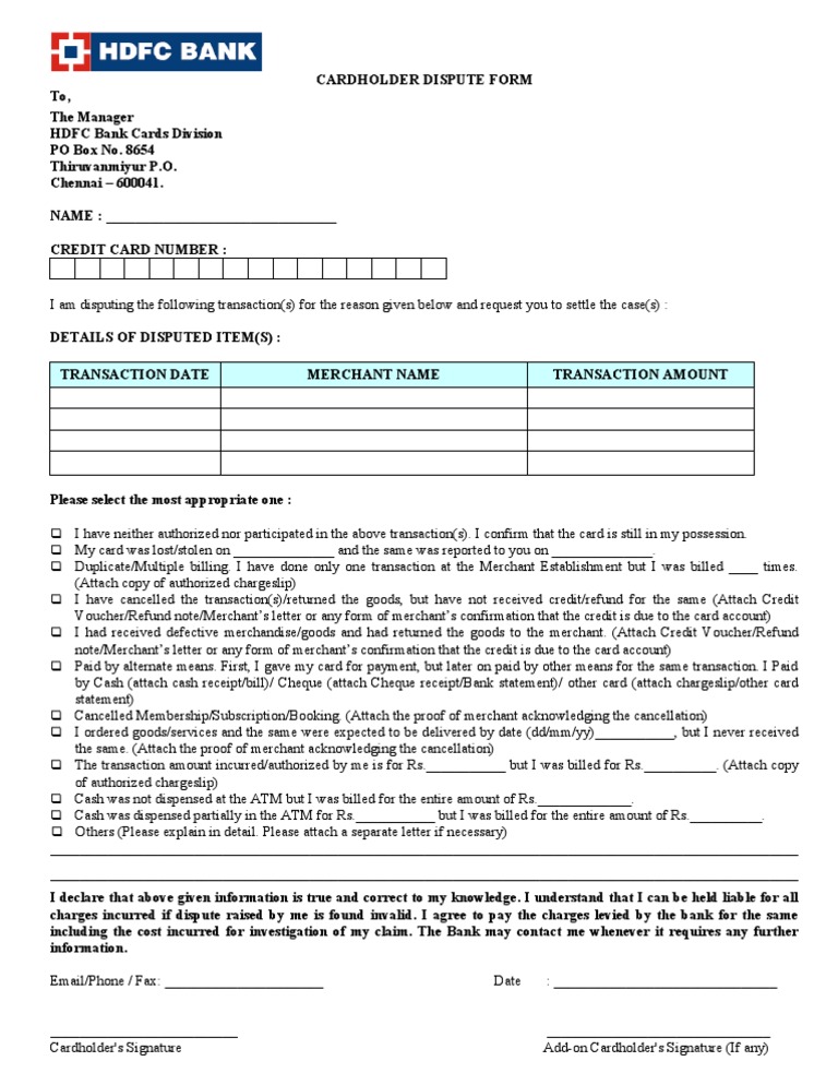 Credit Cardholder Dispute Form[1] | Credit Card | Financial Transaction