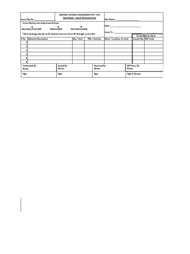 New Material Issue Requisition Format | PDF