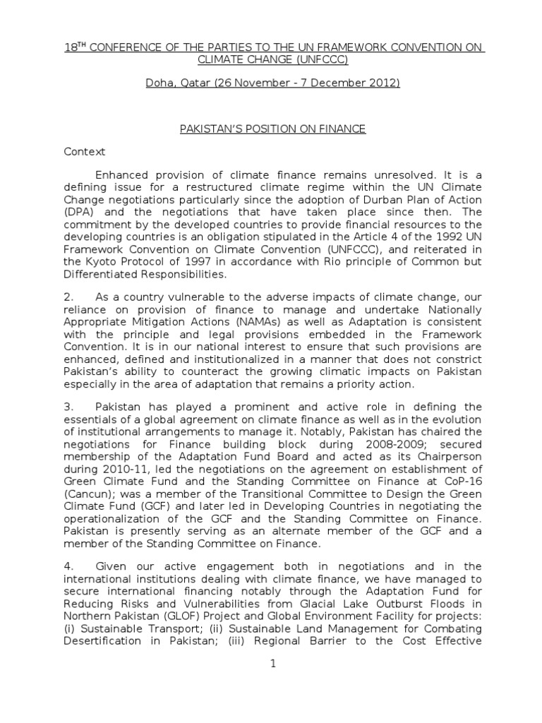 Position Paper of Climate Change Finance From Pakistan For UNFCCC-COP18 ...