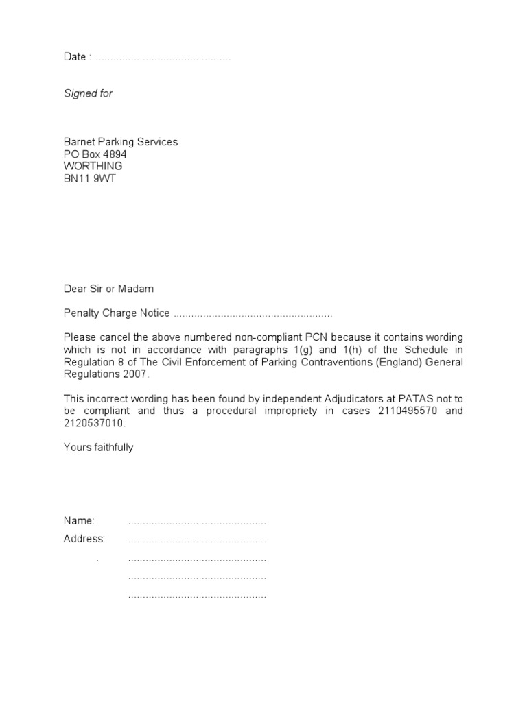 PCN Appeal Letter 1g 1h Wording | PDF