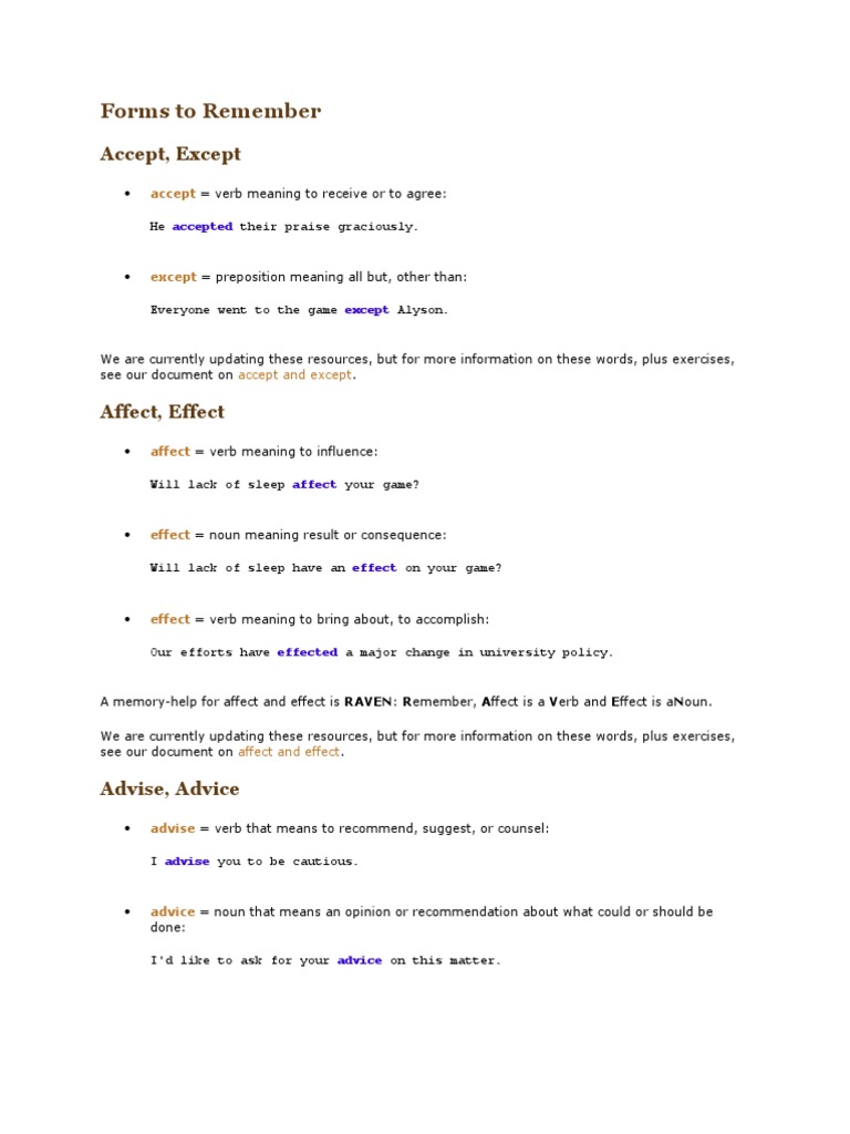 Forms To Remember: Accept, Except | PDF | Verb | Noun