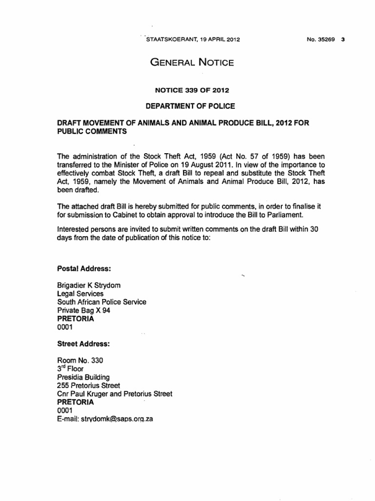 Stock Theft Act No 57 of 1959 - Draft Movement of Animals and Animal ...