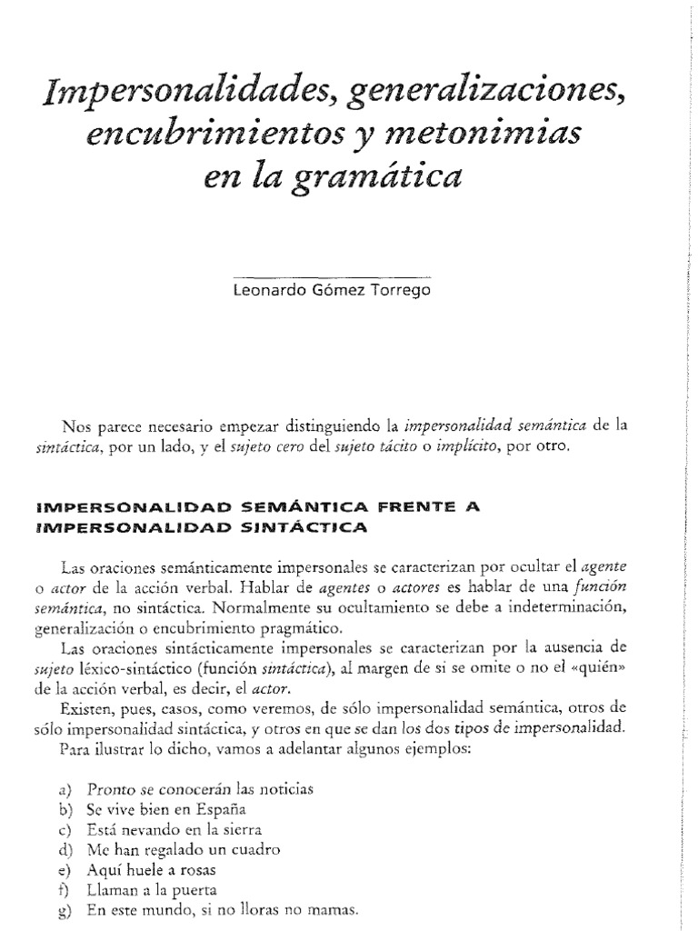 Gomez Torrego La Impersonalidad | PDF | Asunto (gramática) | Oración ...