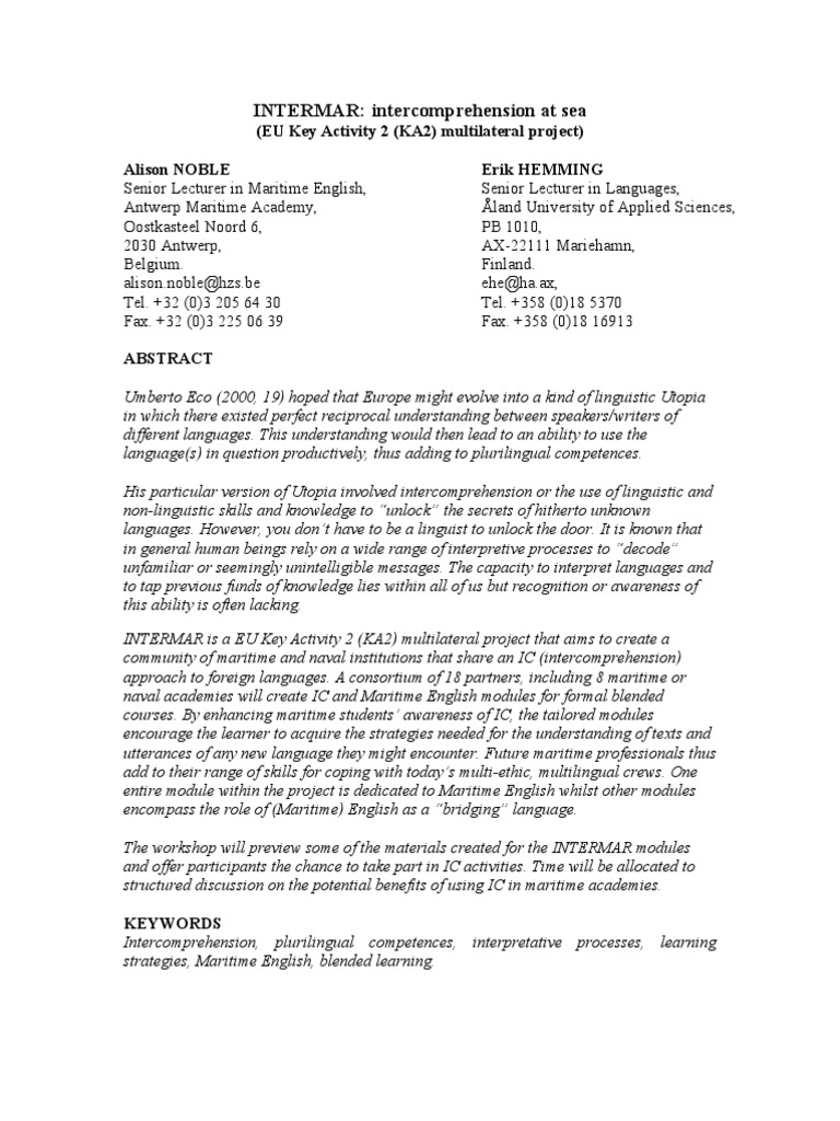 INTERMAR: Intercomprehension at Sea | PDF | Multilingualism | Linguistics