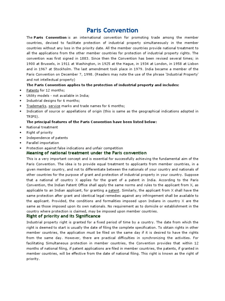 Paris Convention | PDF | Patent Application | Priority Right