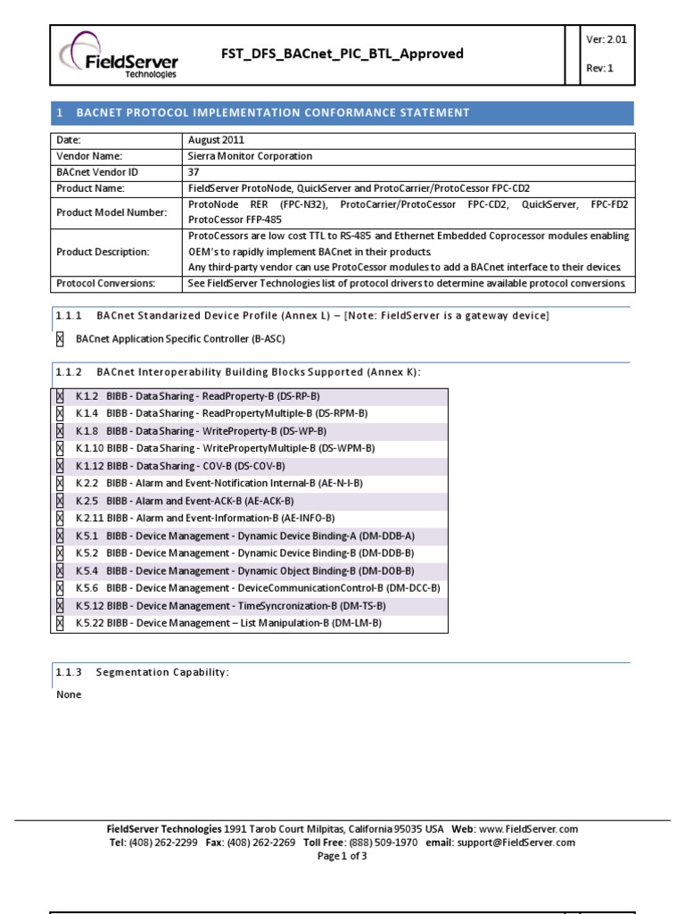 FST Dfs Bacnet Pic BTL Approved | PDF | Communications Protocols | Network Architecture