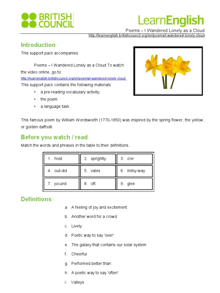 I Wandered Lonely as a Cloud Poem Guide | PDF | English Language ...