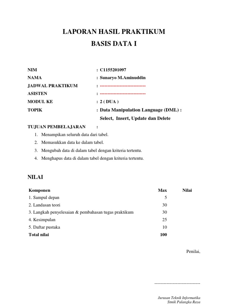 LAPORAN HASIL PRAKTIKUM MOD Data Manipulation Language (DML) Select, Insert, Update Dan Delete ...