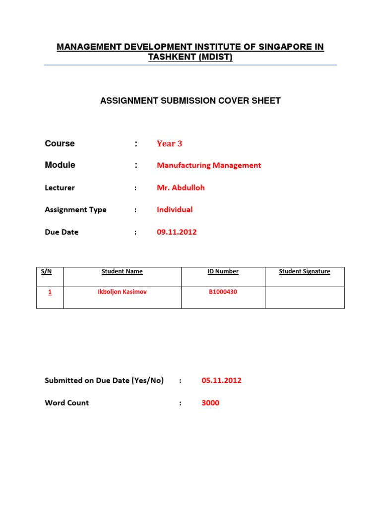 Manufacturing Management Assignment | Production And Manufacturing ...