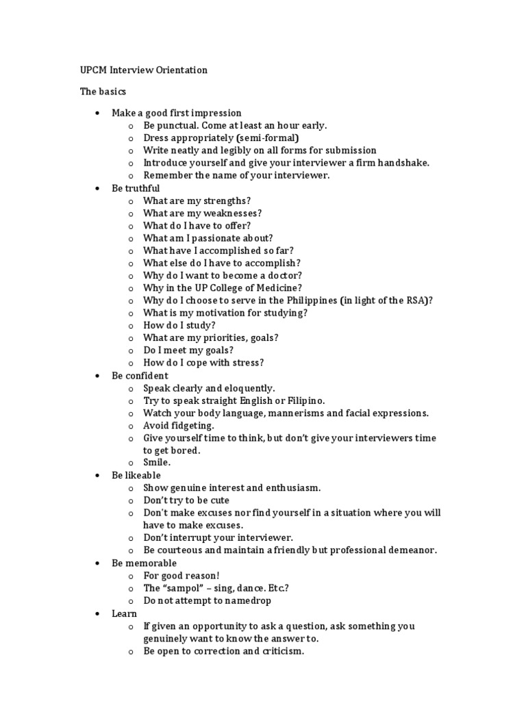 UPCM Interview Orientation | PDF | Further Education | Wellness