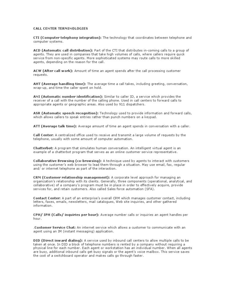 Call Center Terminologies | PDF | Call Centre | Interactive Voice Response