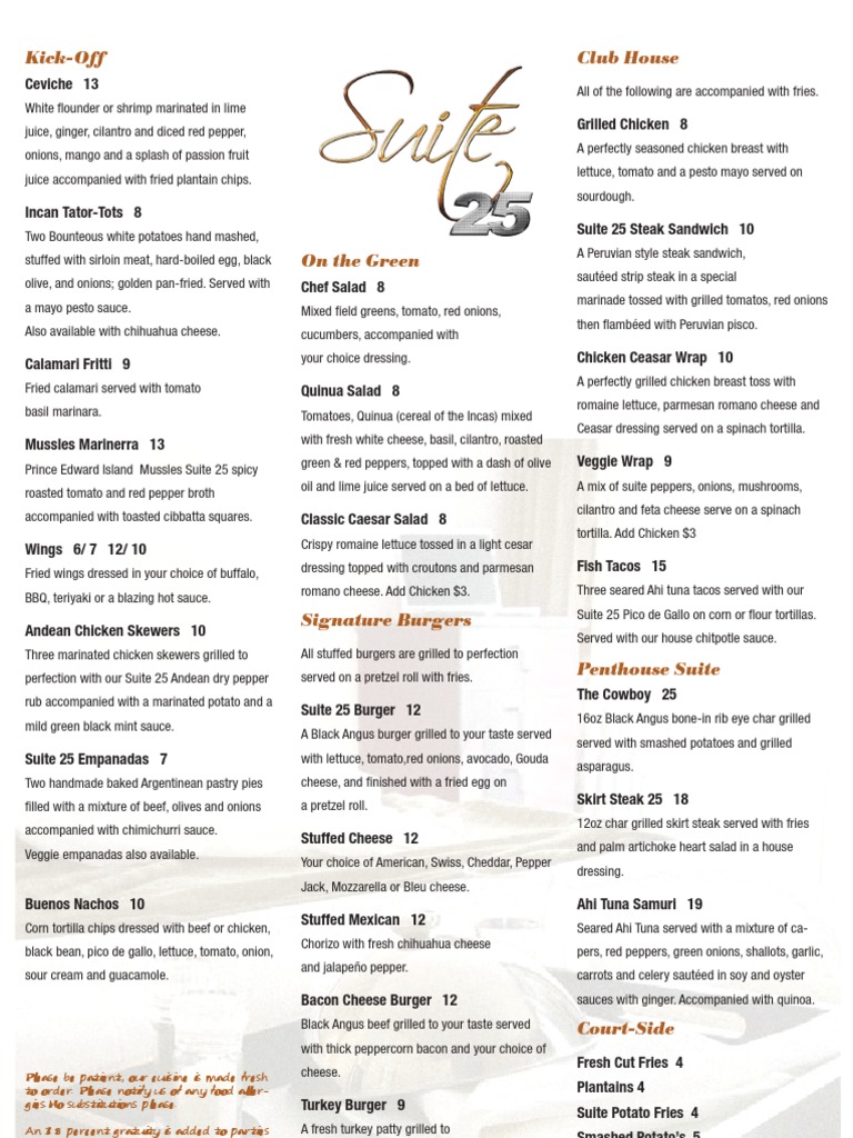 Suite 25 Final Menu | PDF | Salad | Hamburgers